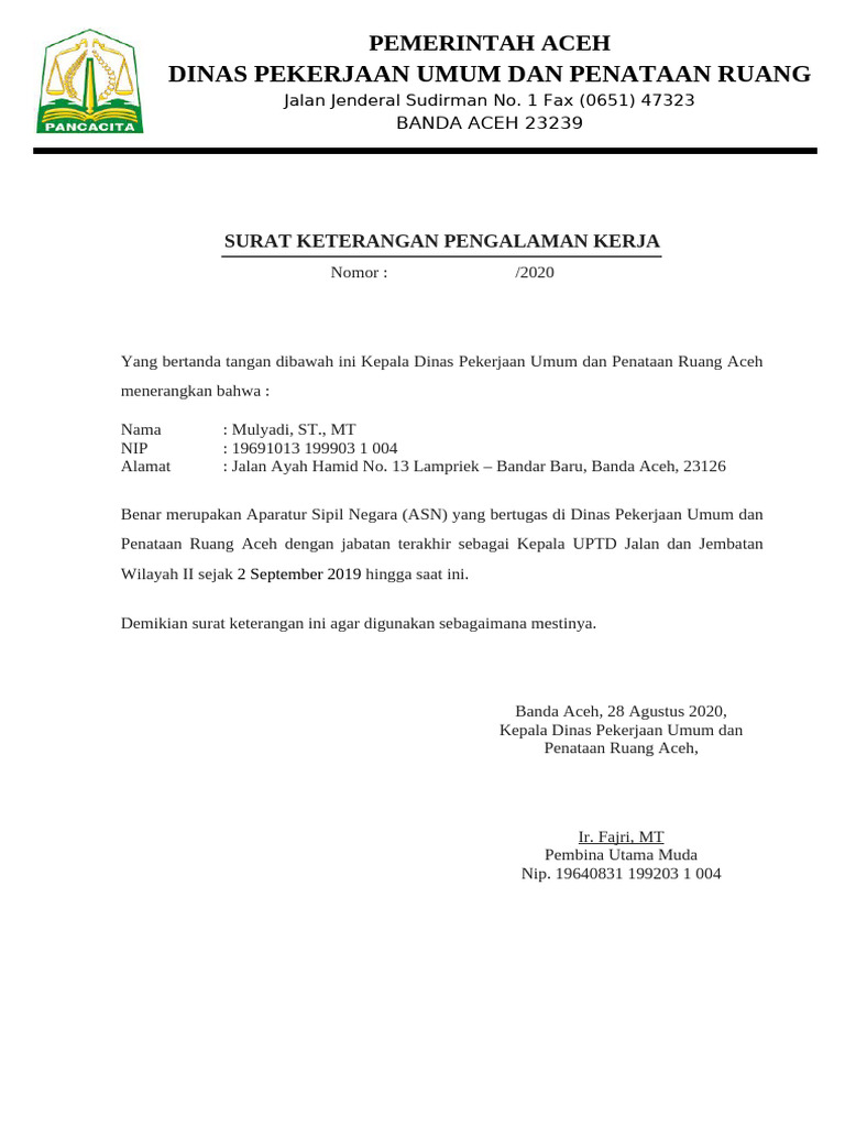 SURAT KETERANGAN PENGALAMAN KERJA - Mulyadi | PDF