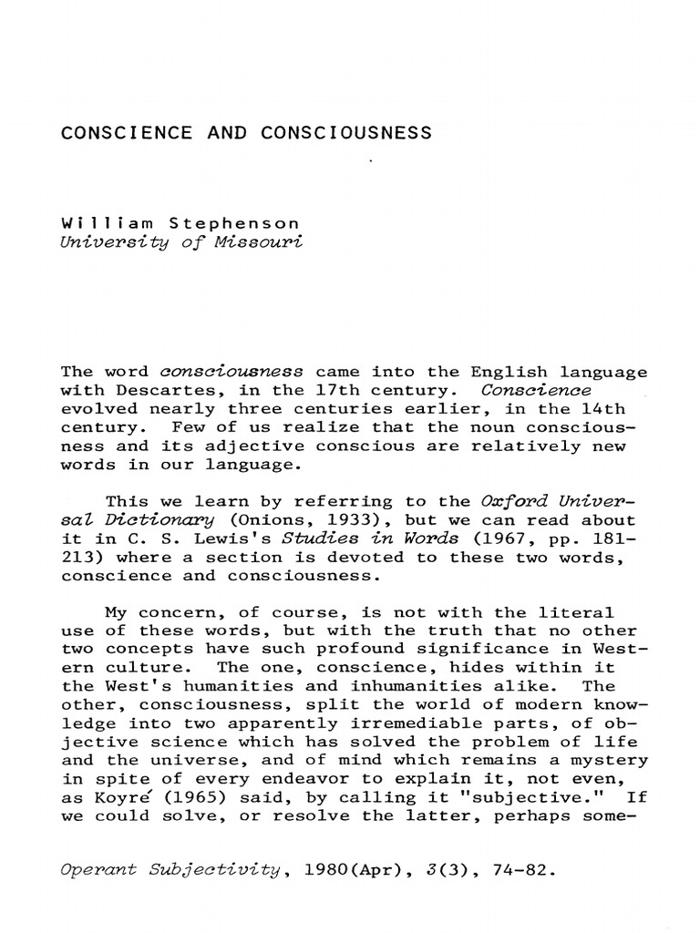 Conscience and Consciousness | PDF | Knowledge | Epistemology
