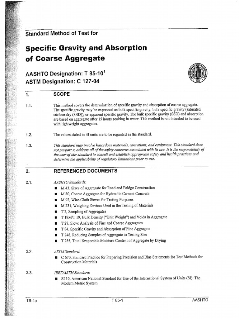 AASHTO T85 Gravedad Específica Agregado Grueso | PDF