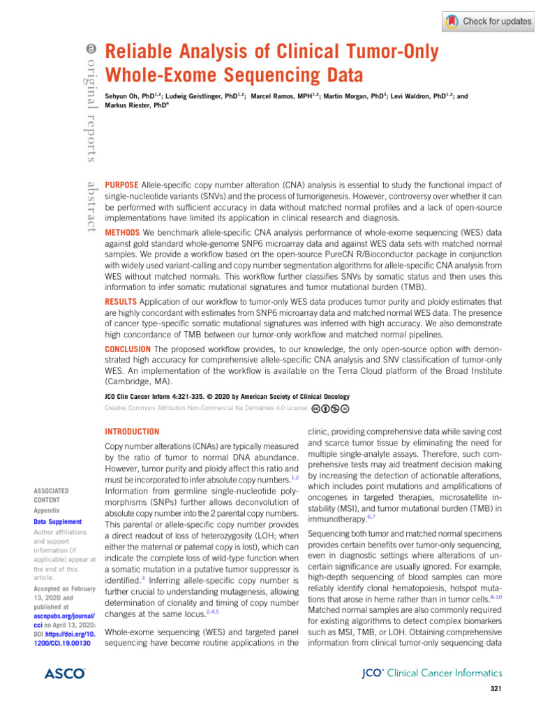 Oh Et Al 2020 Reliable Analysis of Clinical Tumor Only Whole Exome Sequencing Data | PDF ...