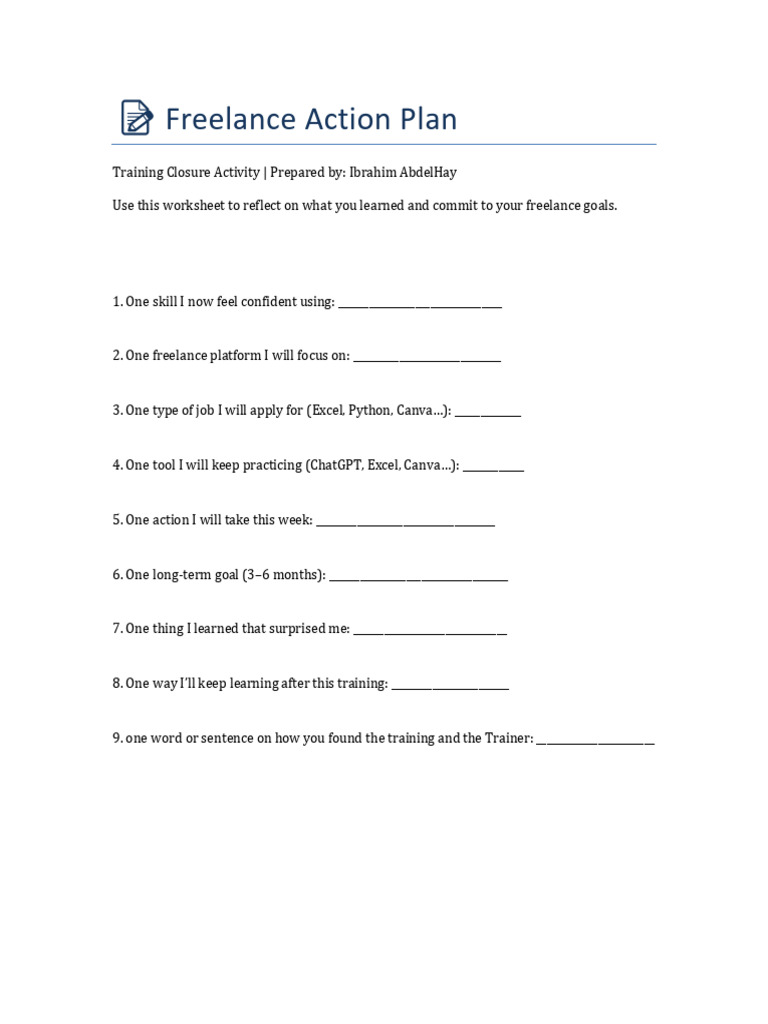 Freelance Action Plan Worksheet (40 Copies) | PDF