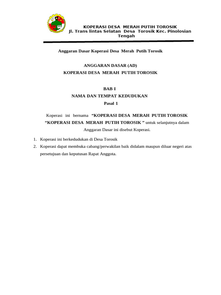 Anggaran Dasar Koperasi Merah Putih | PDF