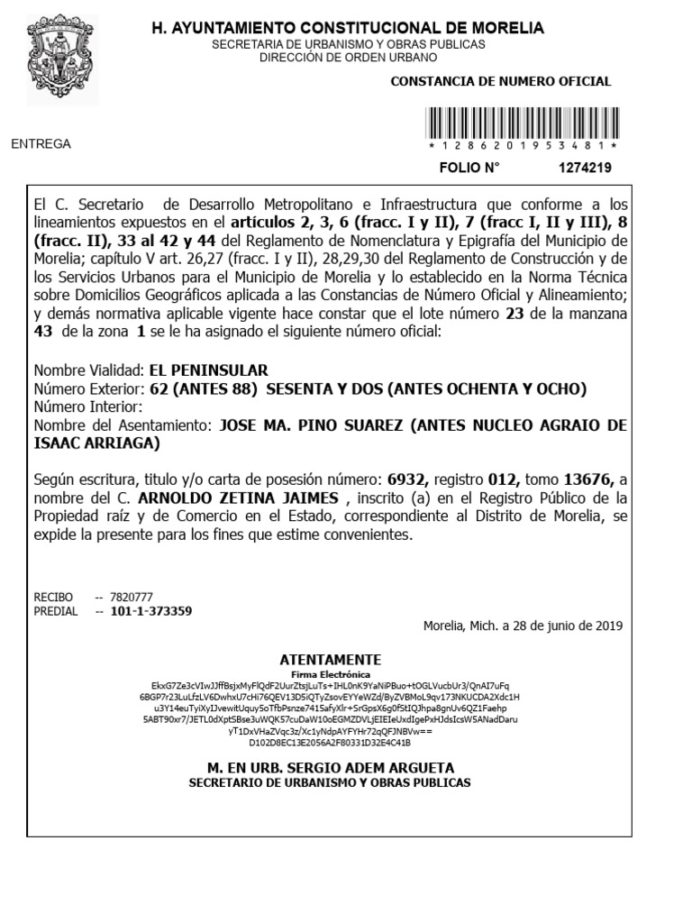 Constancia de Numero Oficial | PDF