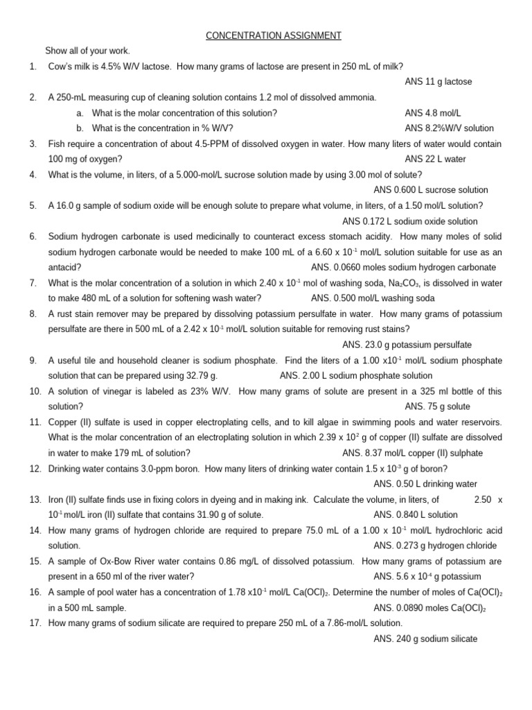Concentration Assignment | PDF | Sodium | Sodium Bicarbonate