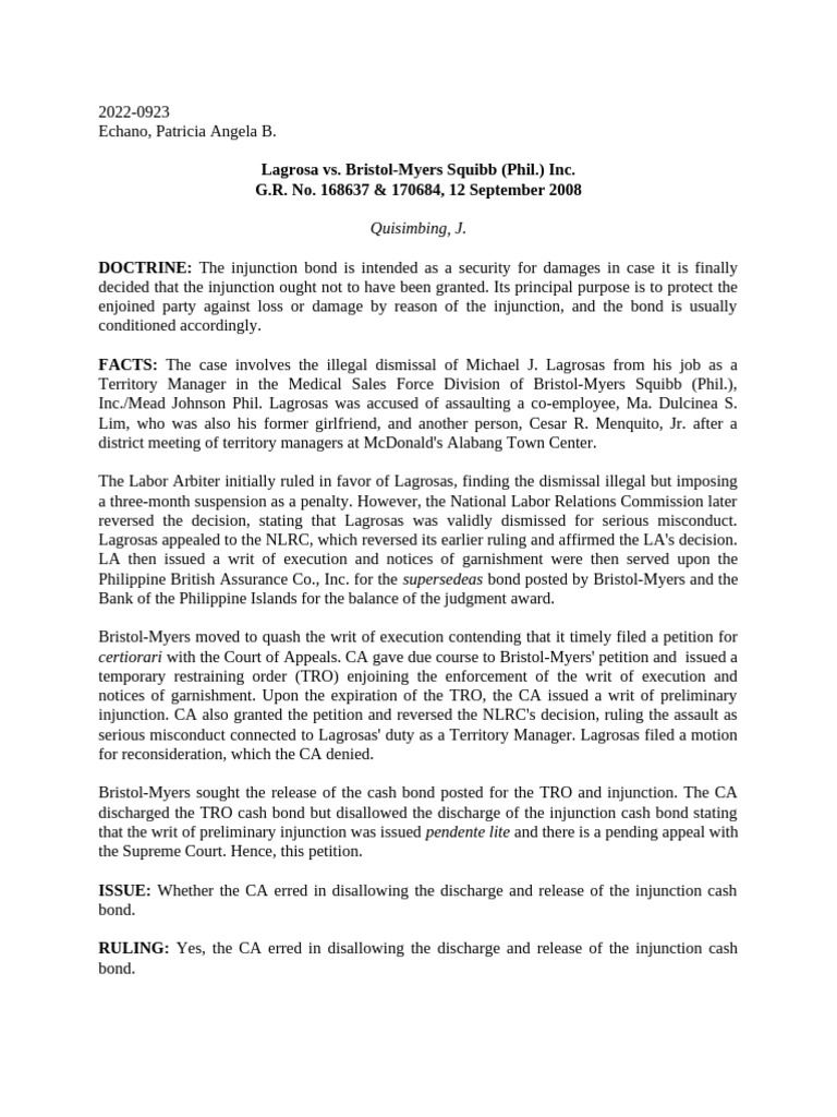 Lagrosas vs. Bristol-Myers | PDF | Injunction | Justice