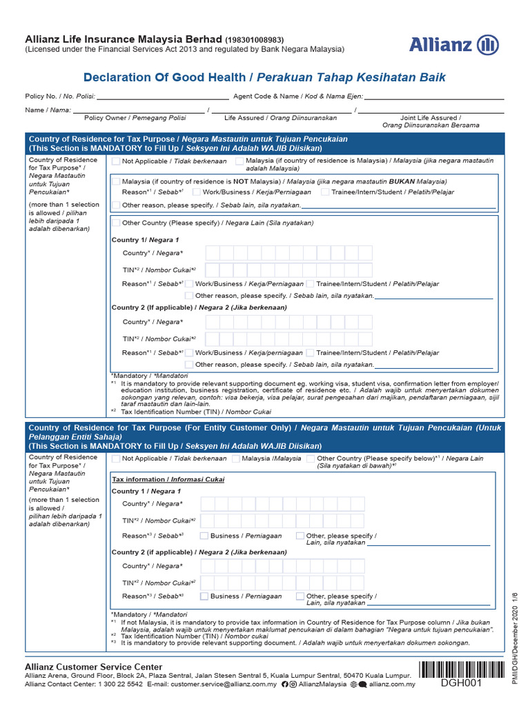 Declaration of Good Heath Form | PDF