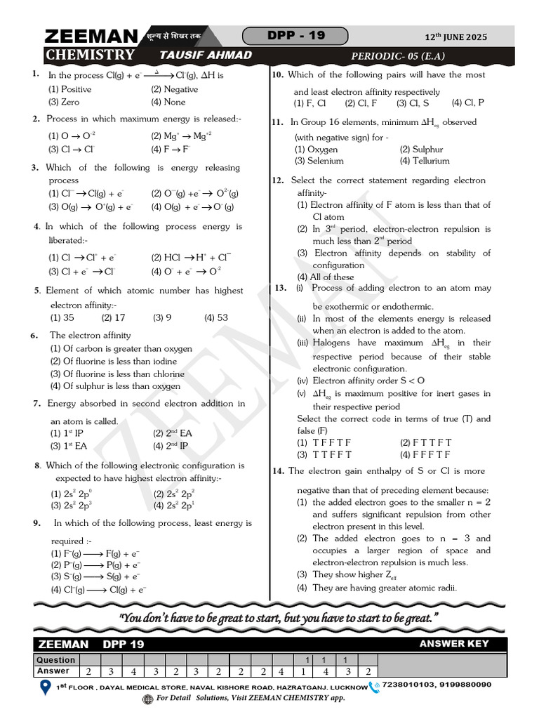 DPP 19 (Periodic Table 05) E.A | PDF | Chlorine | Atoms