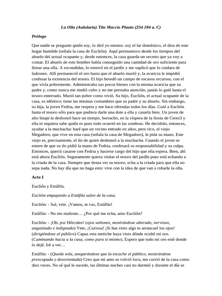 Adaptación La Olla (Aulularia) Plauto | PDF