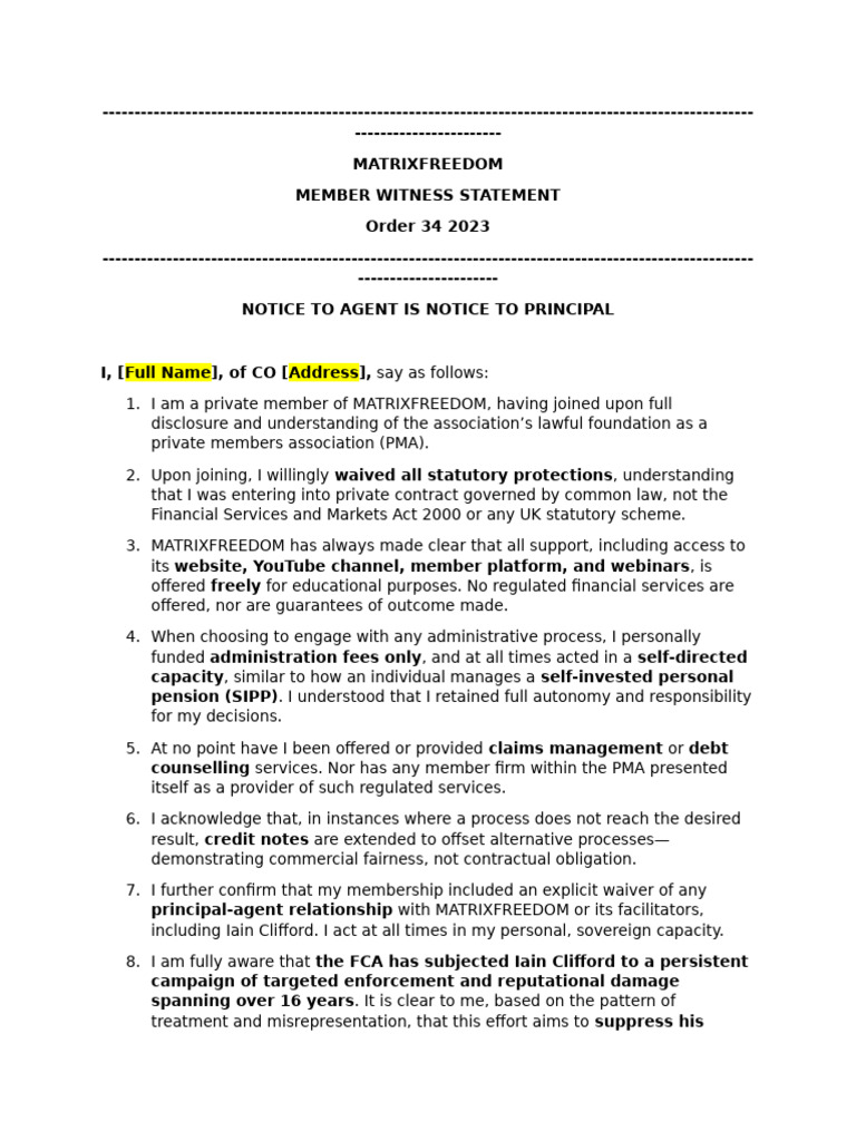 MatrixFreedom Member Witness Statement | PDF | Common Law | Justice