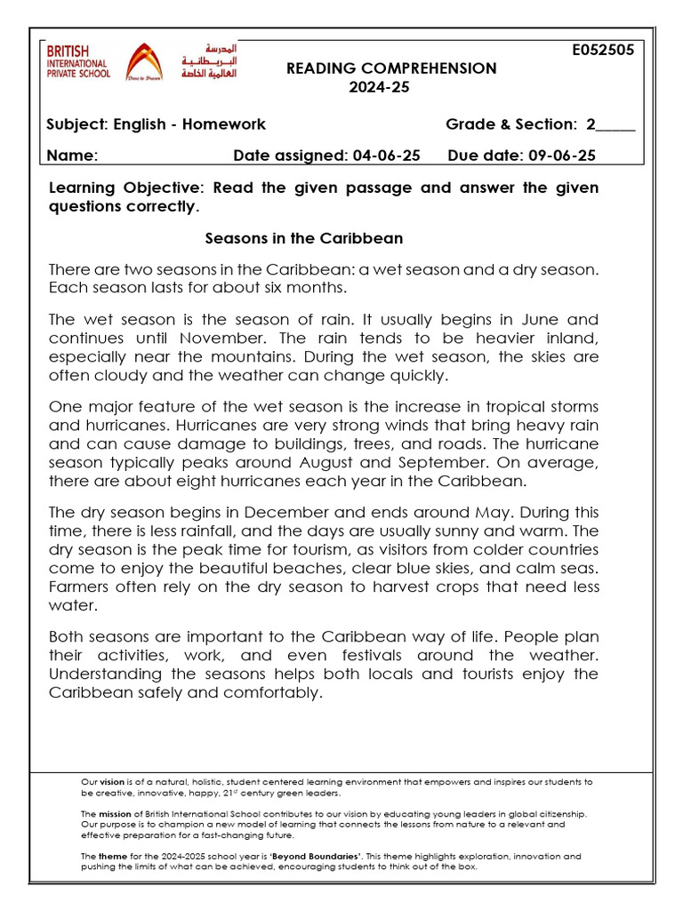 English Reading Comprehension Worksheet | PDF | Rain | Tropical Cyclones