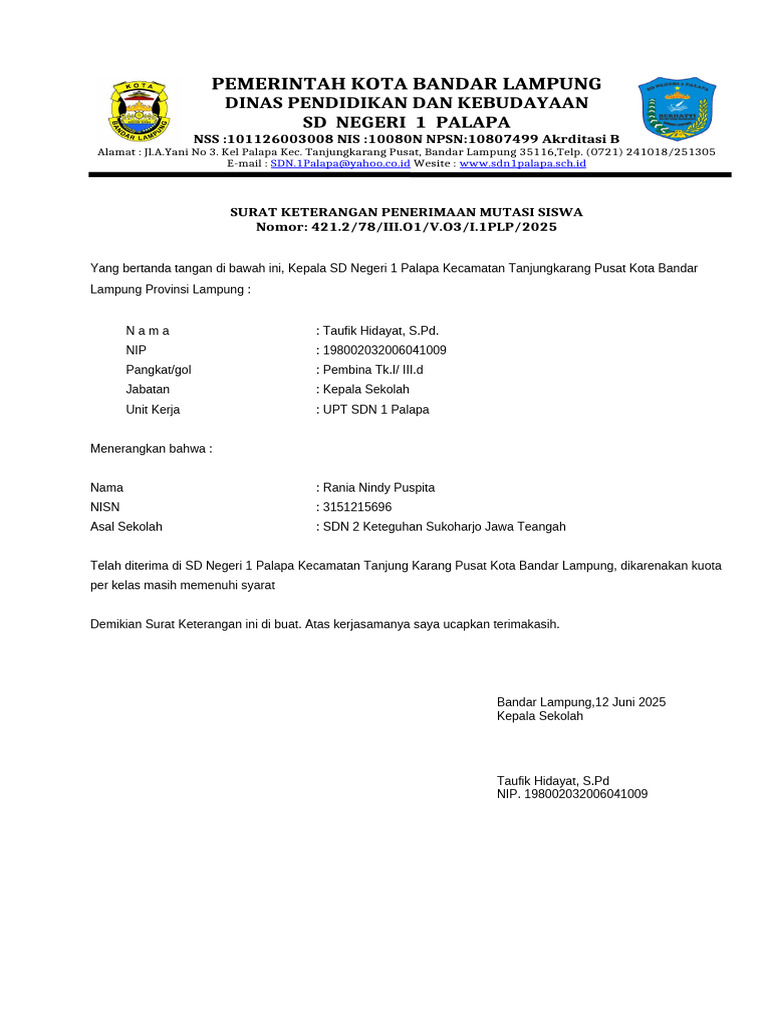 Surat Rekom Mutasi Siswa | PDF