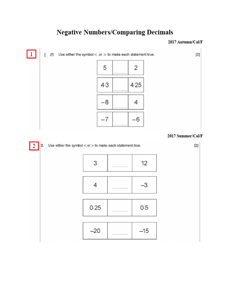 Negative Numbers and Comparing Decimals | PDF