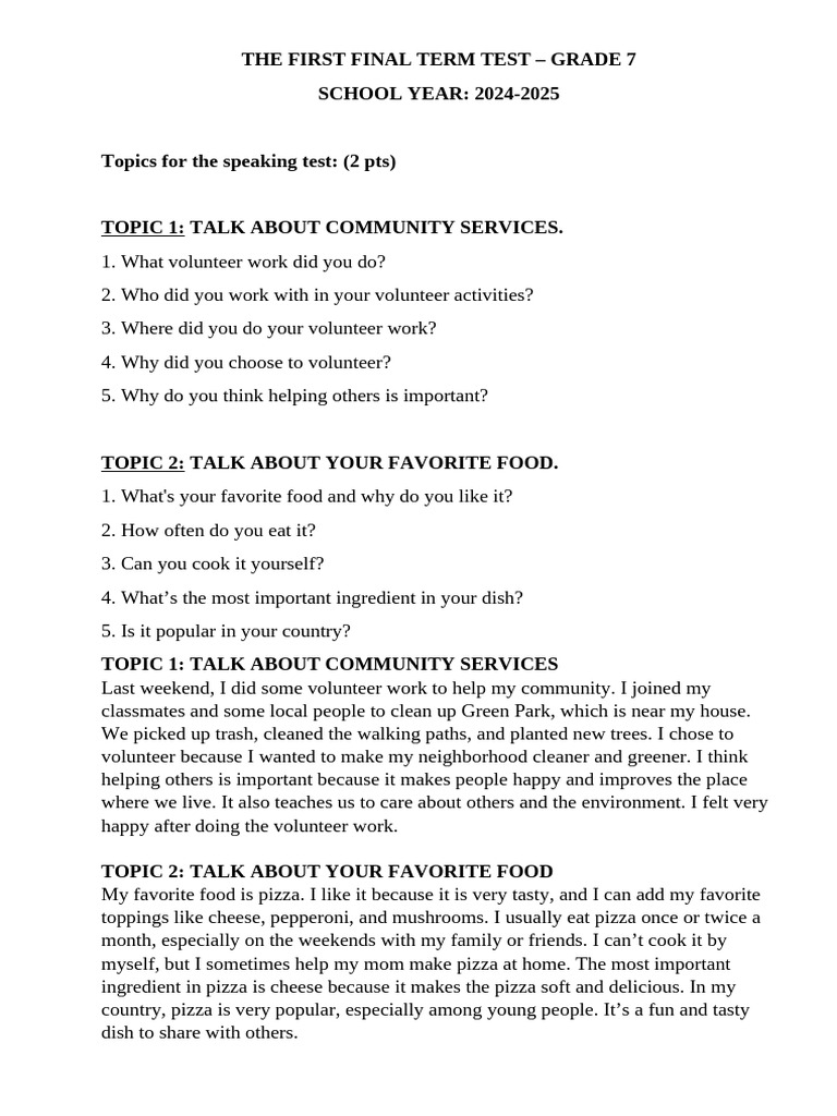 Speaking Test Grade 7 | PDF