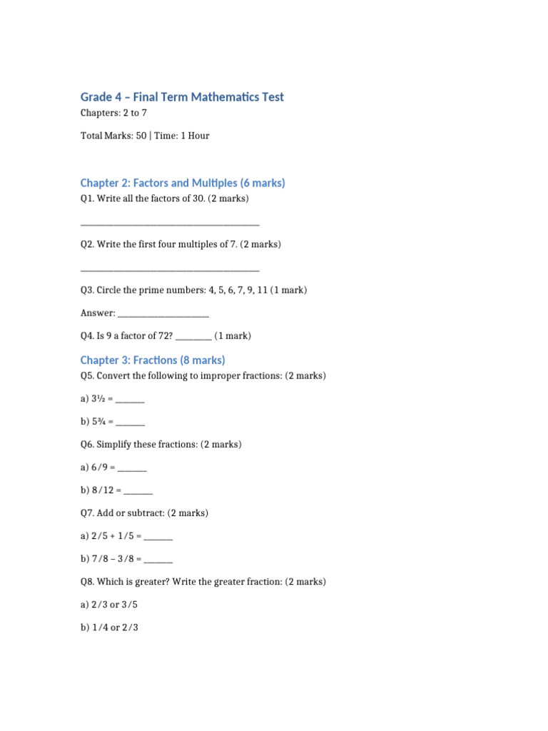 Grade 4 Math Final Test | PDF | Area | Rectangle