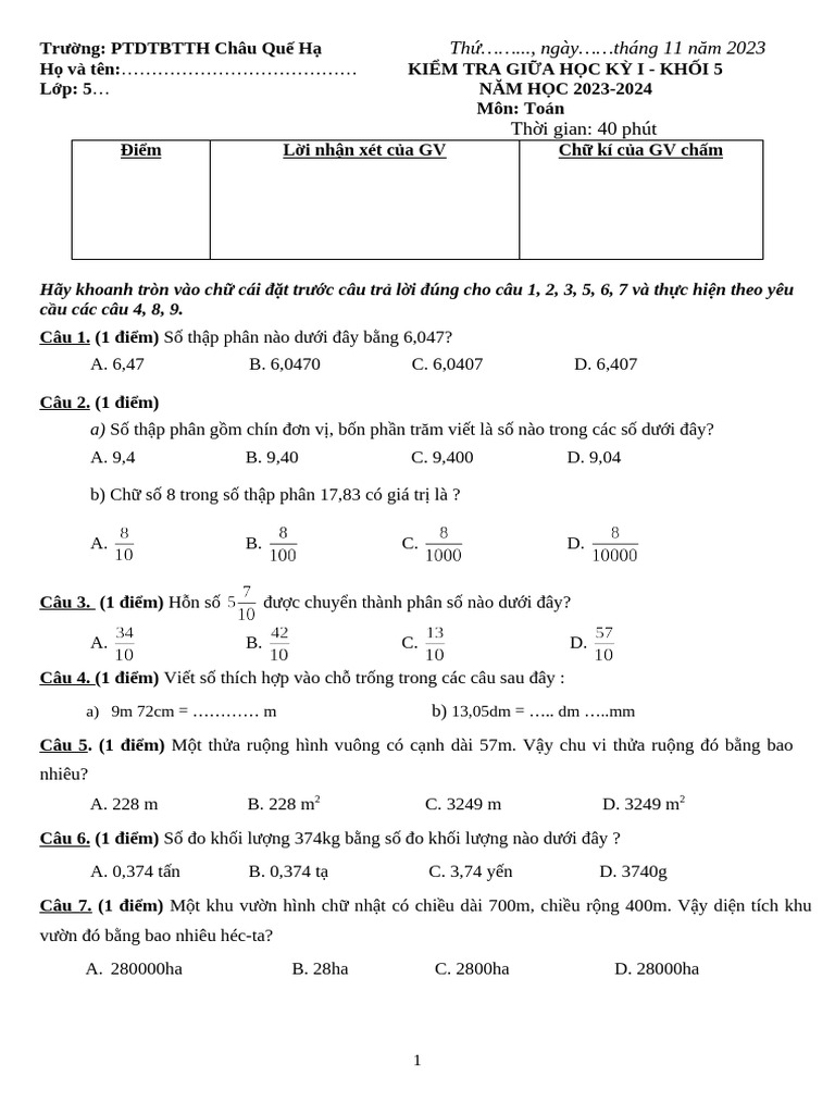 De Kiem Tra Giua Hoc Ki 1 Mon Toan Lop 5 | PDF