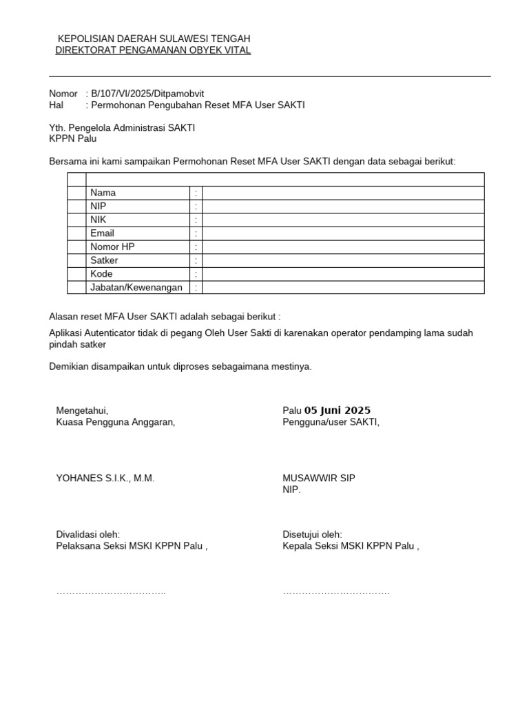 contoh Form Reset MFA SAKTI - | PDF