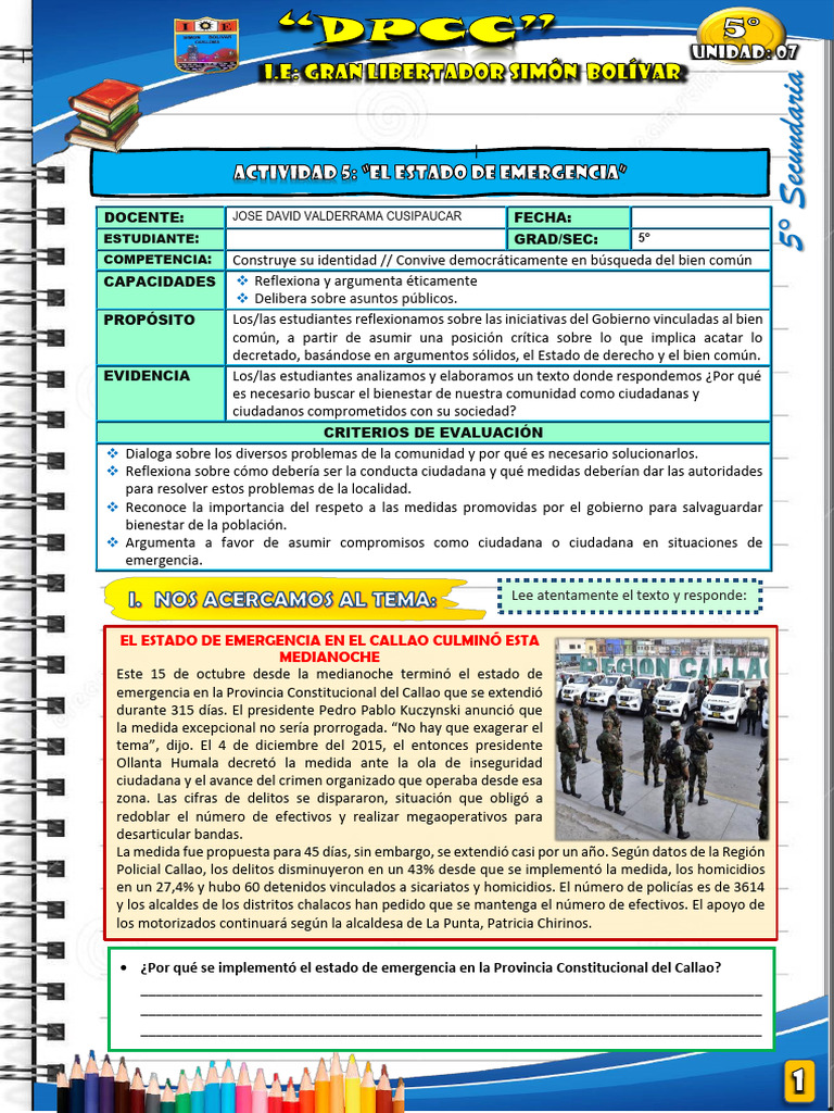 5° DPCC - Actv.05-Unid.7 2024 | PDF | Estado de emergencia | Derechos