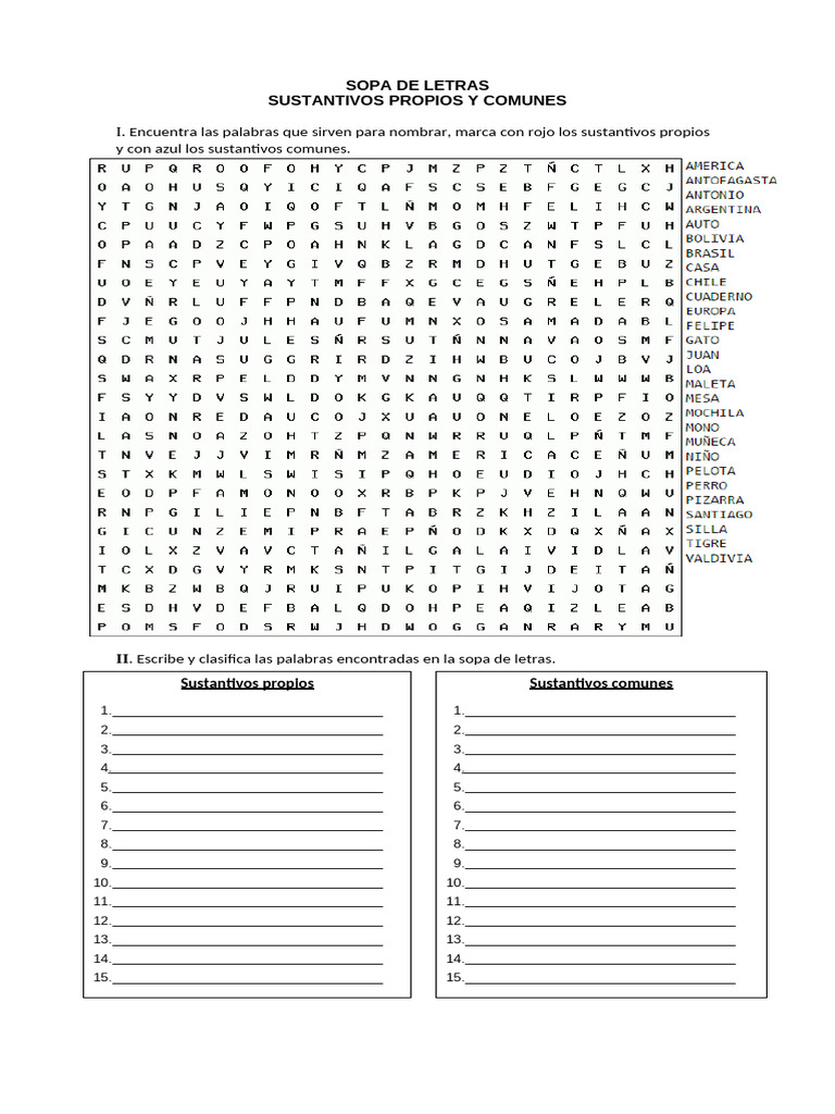 Sopa de letras: sustantivos propios y comunes | PDF