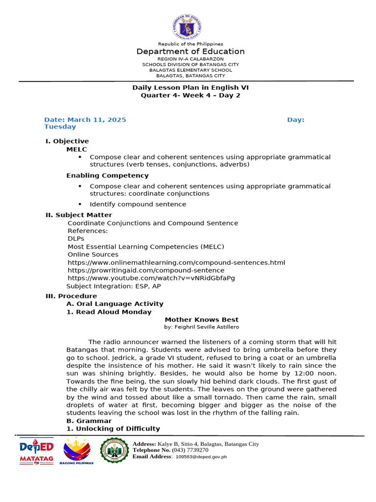 Day 2 Compound Sentence Coordinating Conjunctions | PDF | Syntax | Grammar