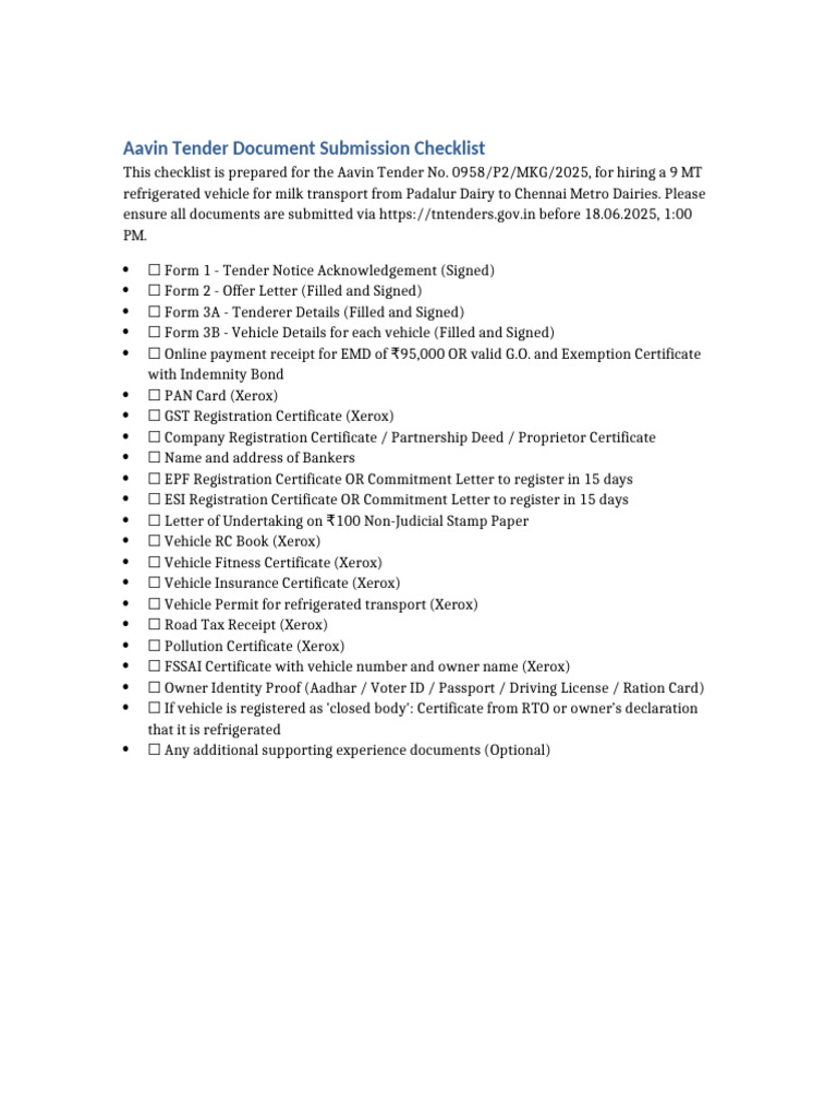 Aavin Tender Checklist | PDF