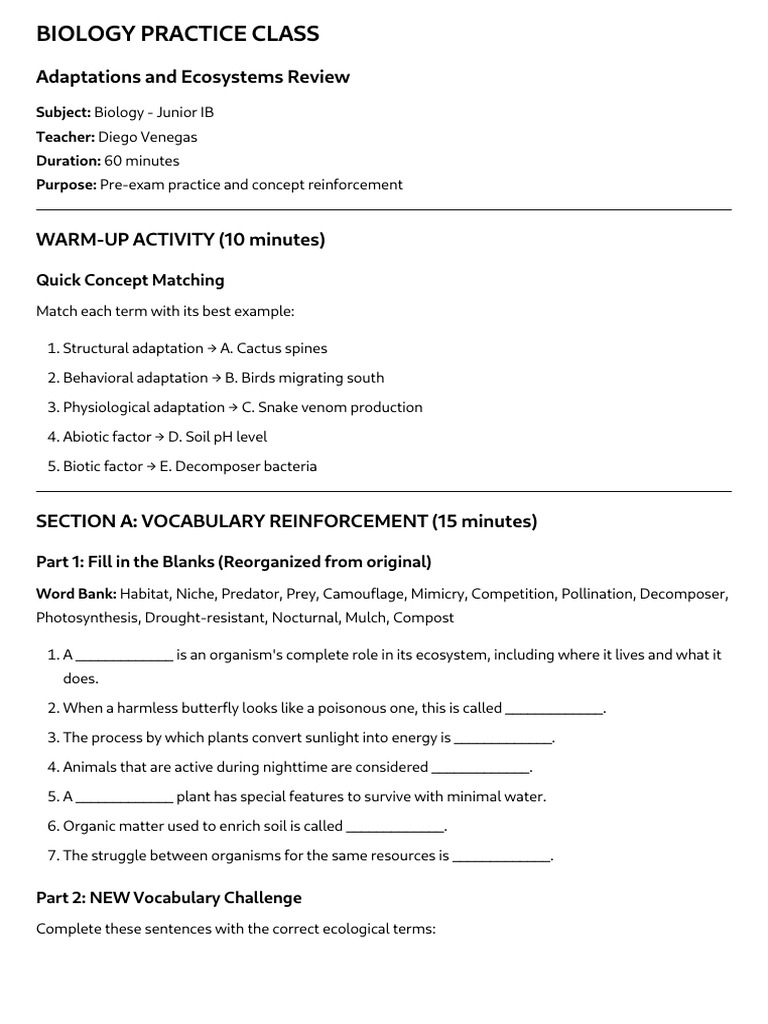 Biology Practice Class - Adaptations and Ecosystems | PDF | Ecosystem ...