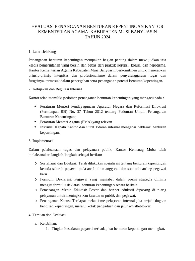Evaluasi Benturan Kepentingan Kemenag Muba 2025 | PDF
