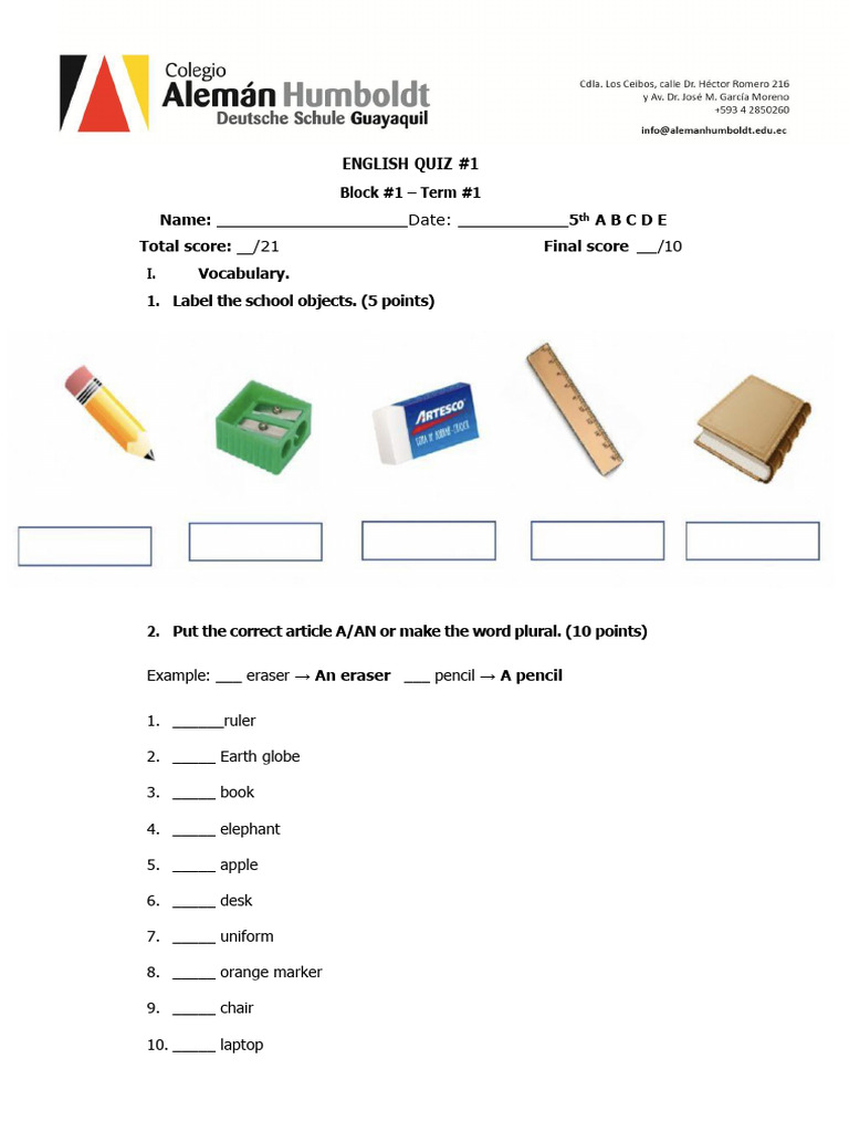 5th Grade Quiz School Objects | PDF