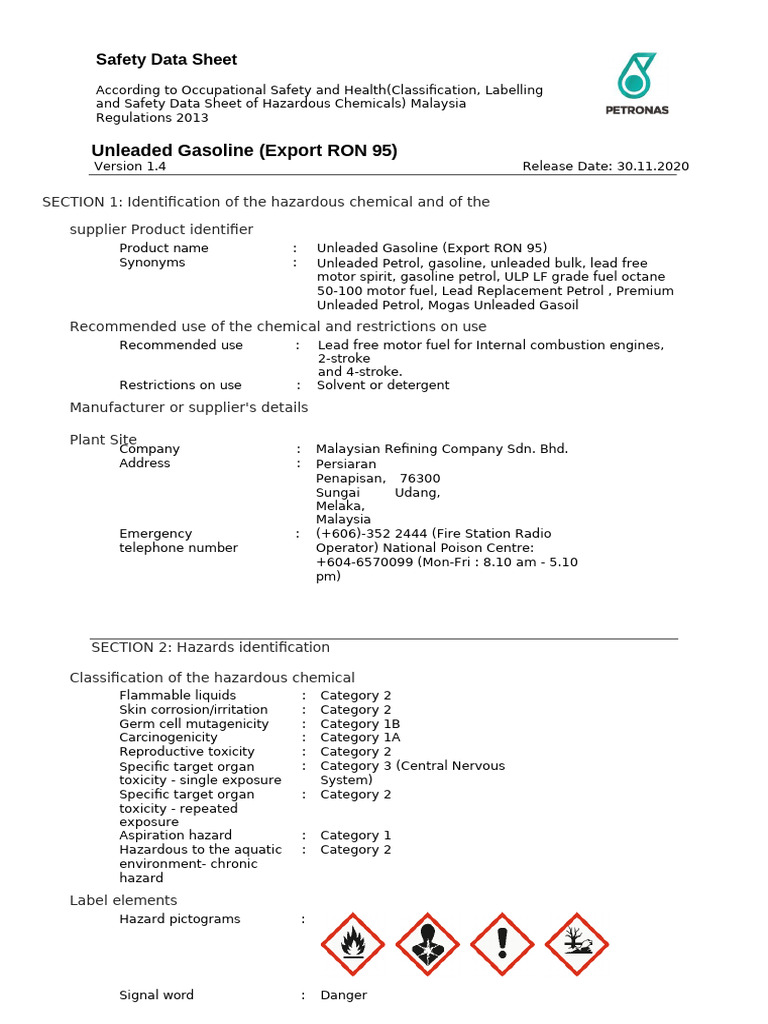 Unleaded Gasoline (Export RON 95) : Safety Data Sheet | PDF | Gasoline ...