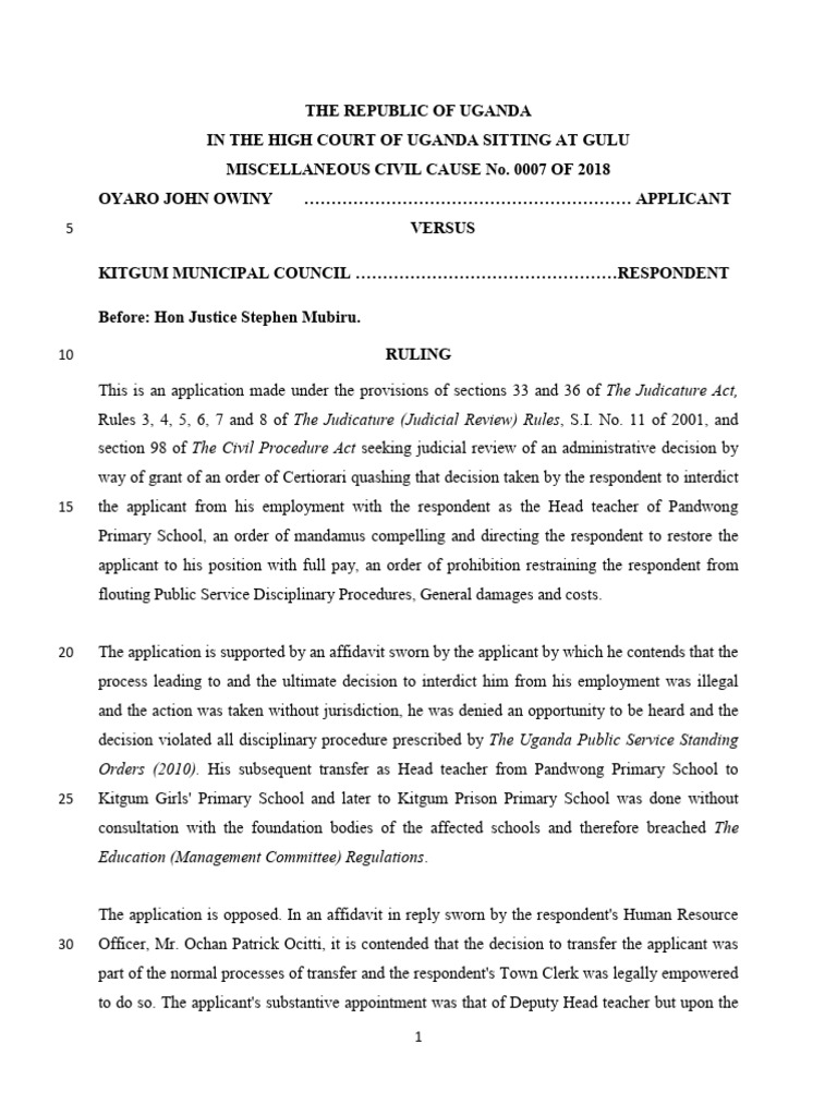 Interdiction Judicial Review Transfer of Public Servant Mubiru J | PDF ...