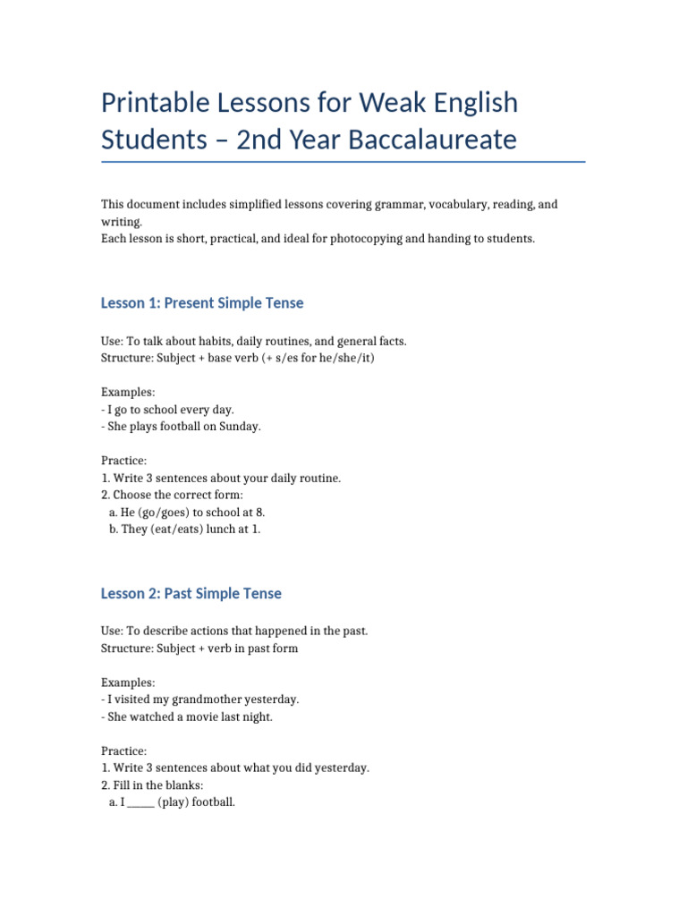 Printable English Lessons 2bac Weak Students | PDF