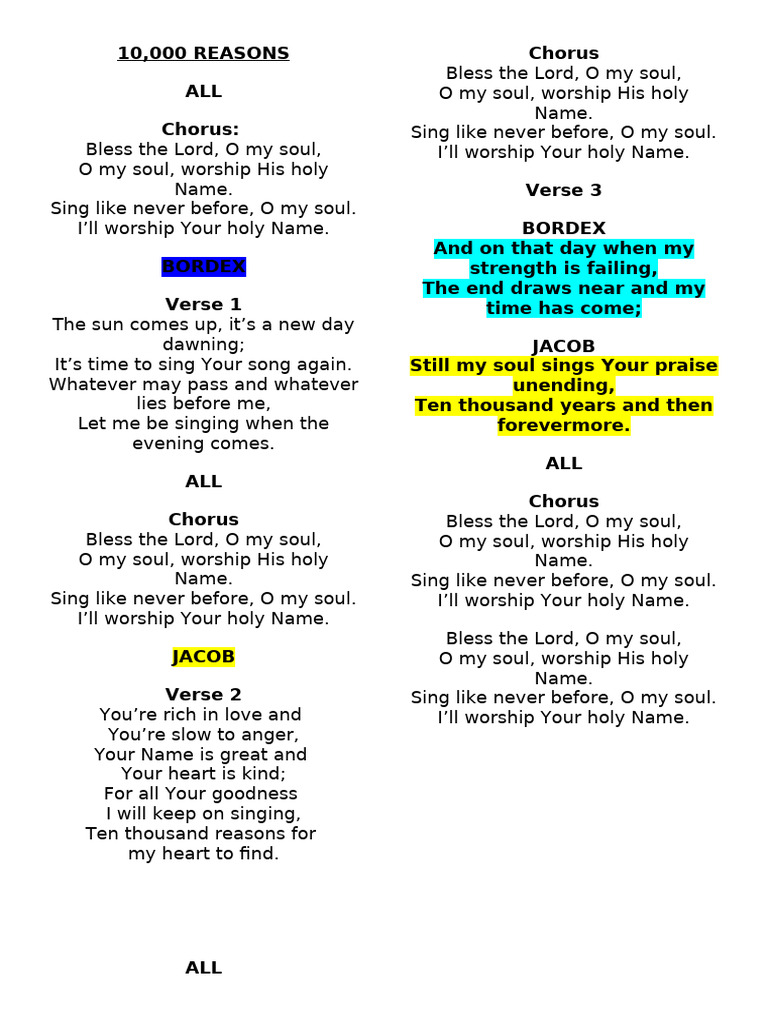 Worship Song: Ten Thousand Reasons | PDF