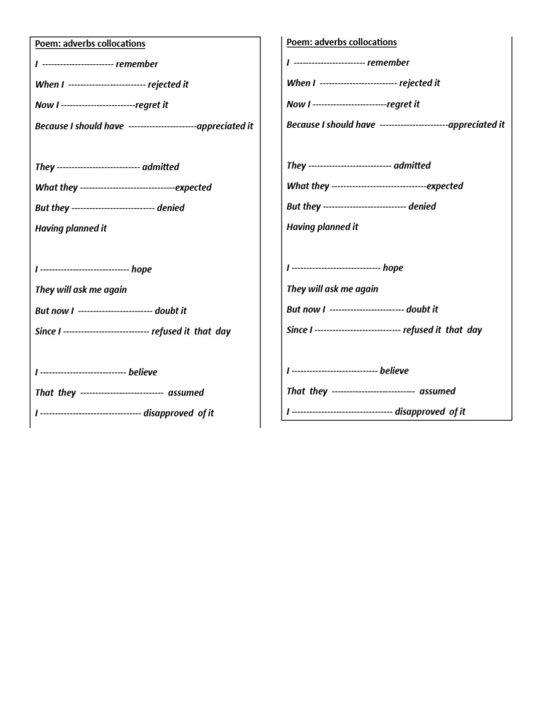 Cpe Poem Adverb Collocations | PDF