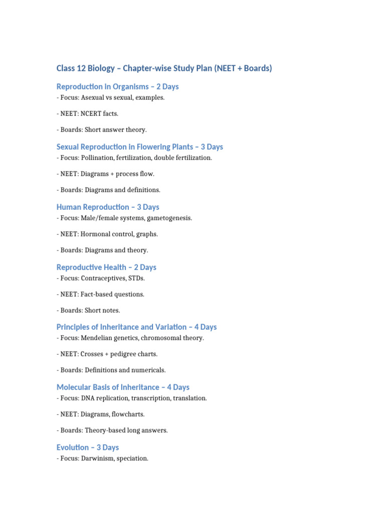 Class12 Biology Chapterwise Study Plan NEET Boards | PDF