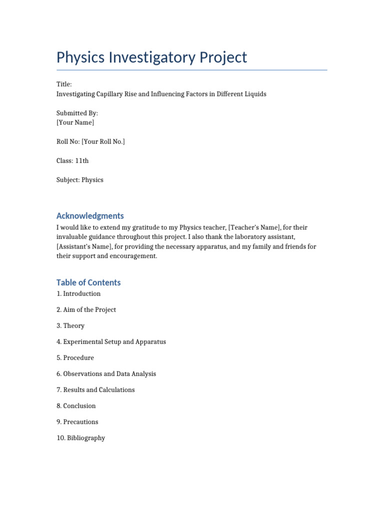 Investigatory Project Capillary Rise | PDF | Liquids | Surface Tension