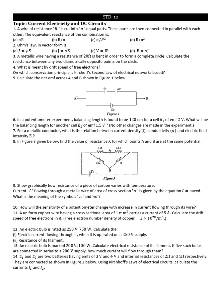 Class 12-Current Electricity-Practice Questions | PDF | Electricity | Electromagnetism