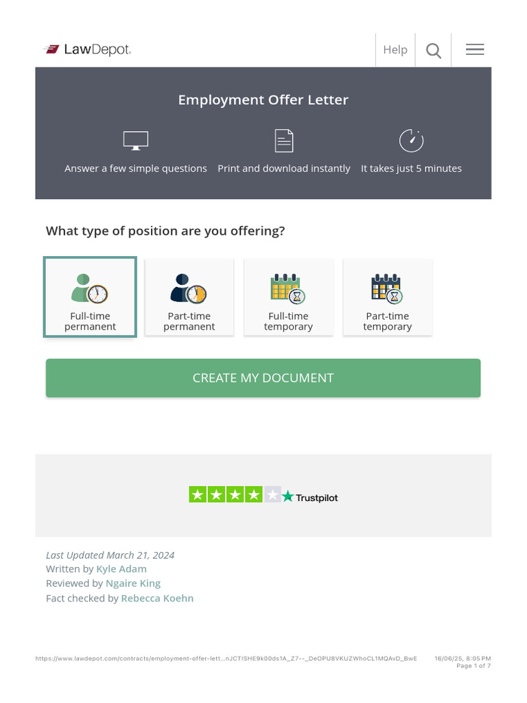 Employment Offer Letter Template (US) - LawDepot | PDF | Employment ...