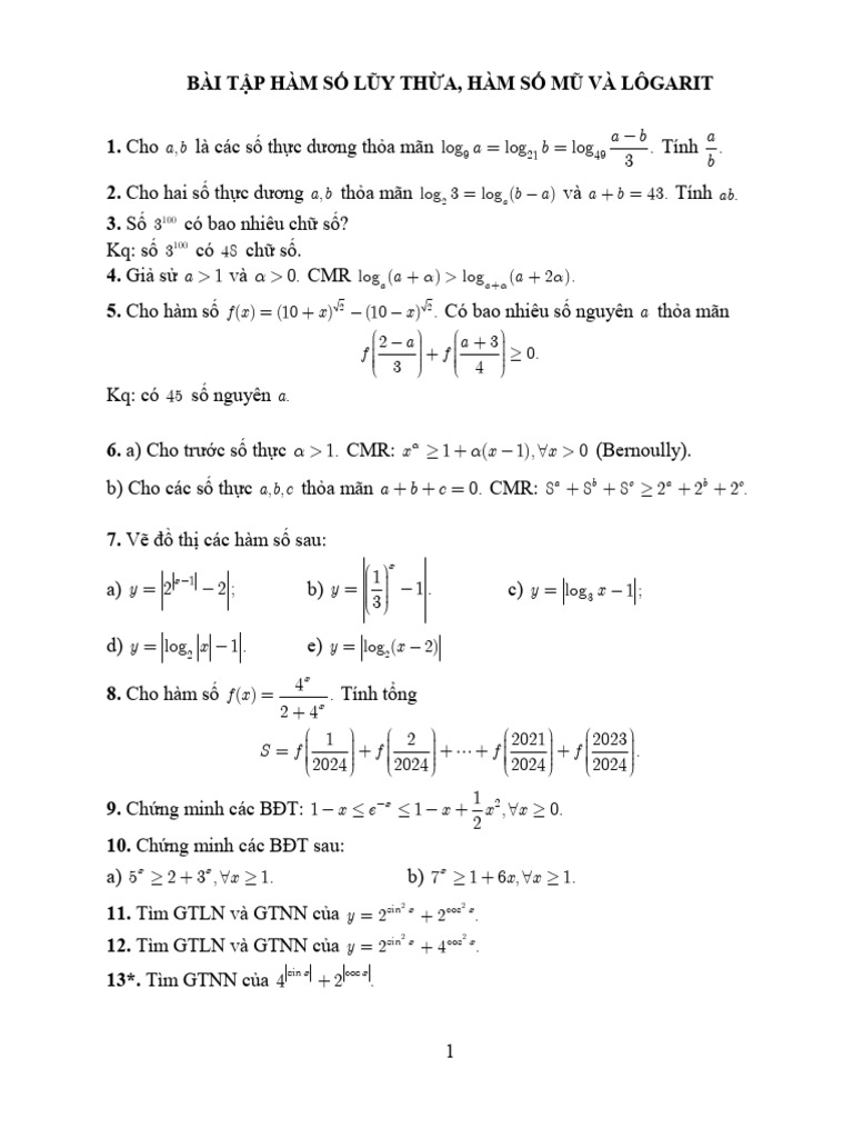 1.2. Bài Tập Hàm Số Lũy Thừa, Hàm Số Mũ Và Loga | PDF