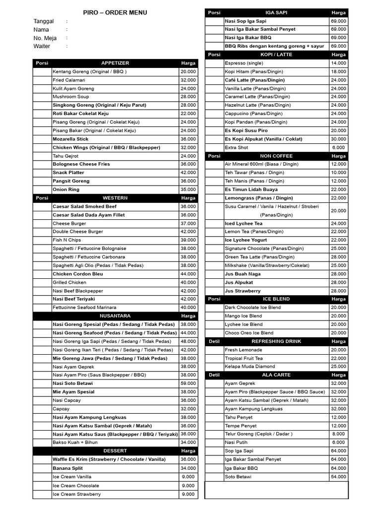 Menu Lengkap Piro Restaurant & Cafe | PDF