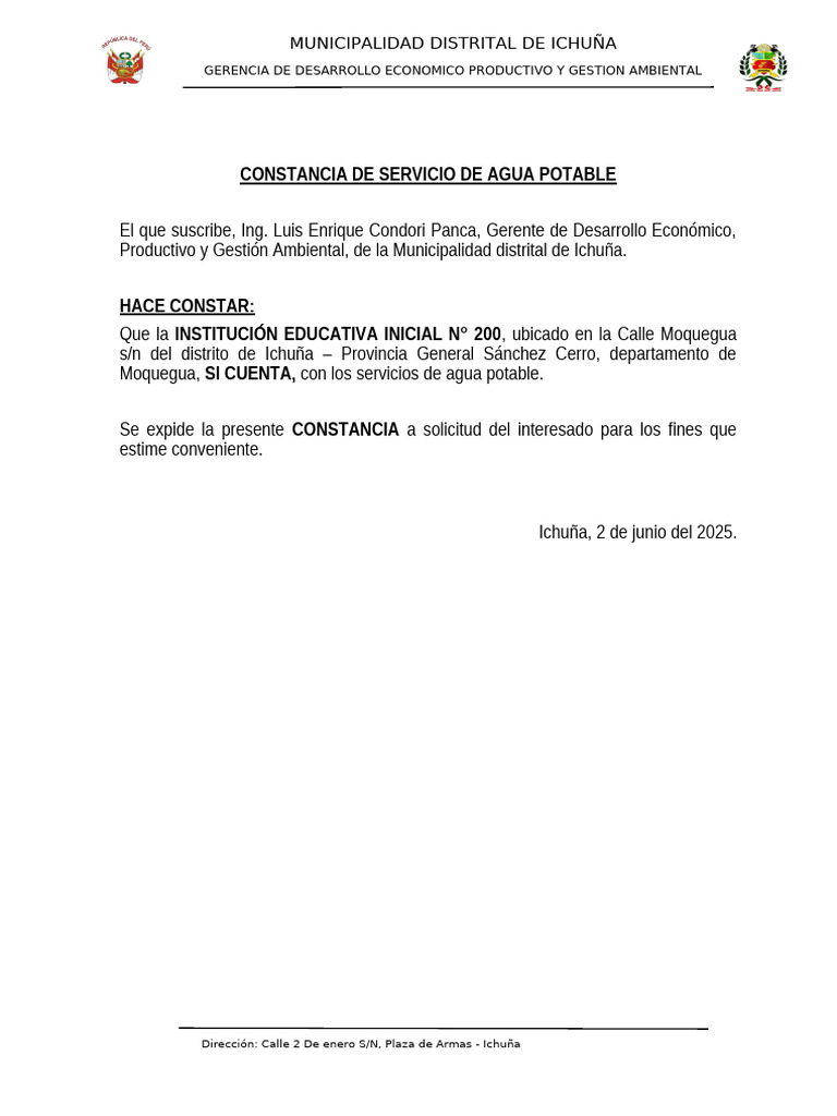 Constancia Servicio de Agua | PDF