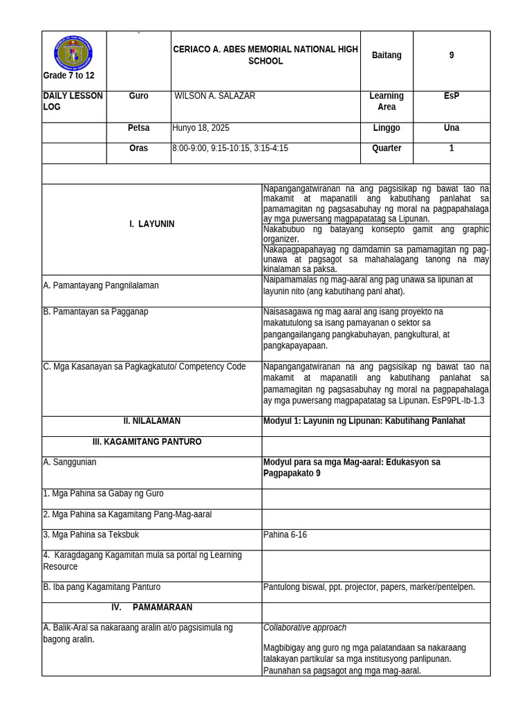 Grade 9 Esp LP 06-18-25, 2025 | PDF