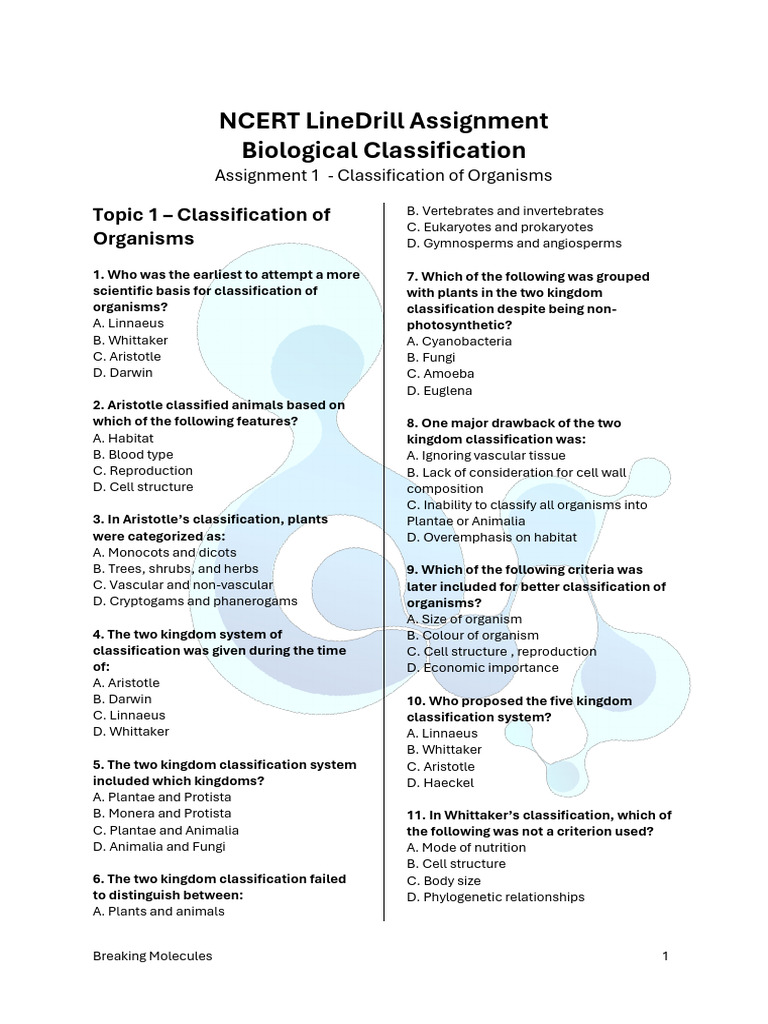 NCERT LineDrill Assignment 1 - Biological Classification | PDF ...