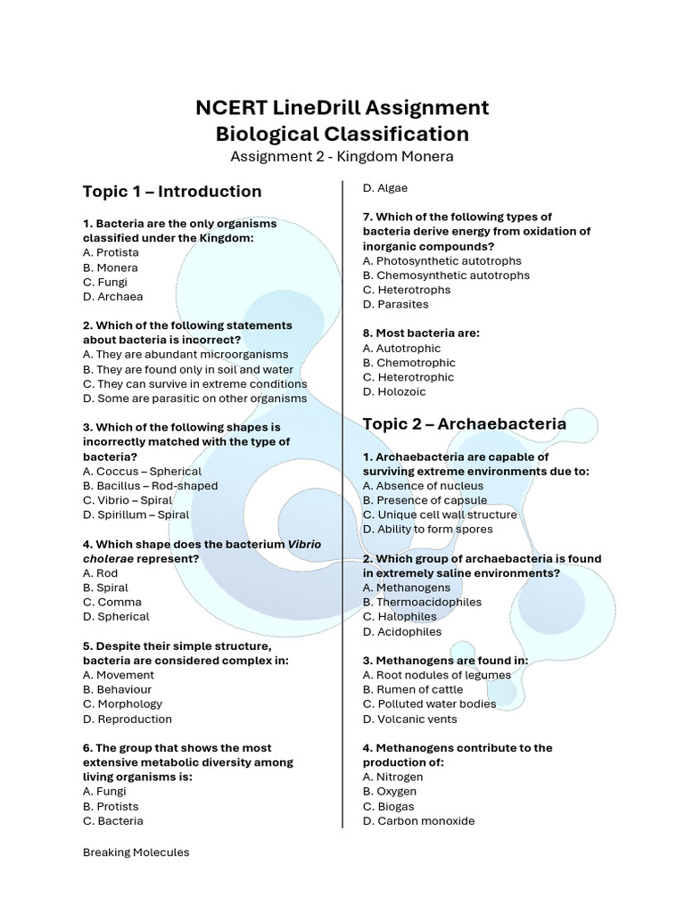 NCERT LineDrill Assignment 2 - Biological Classification | PDF | Bacteria | Cyanobacteria