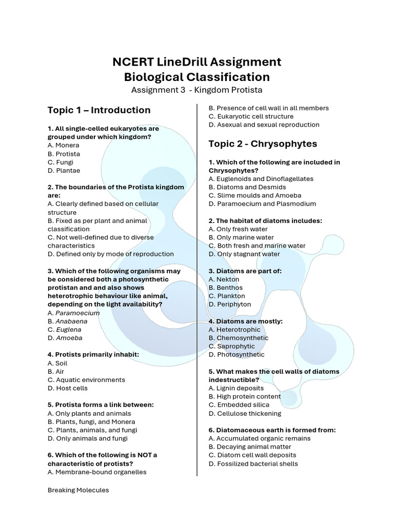 NCERT LineDrill Assignment 3 - Biological Classification | PDF | Protozoa | Cell Wall
