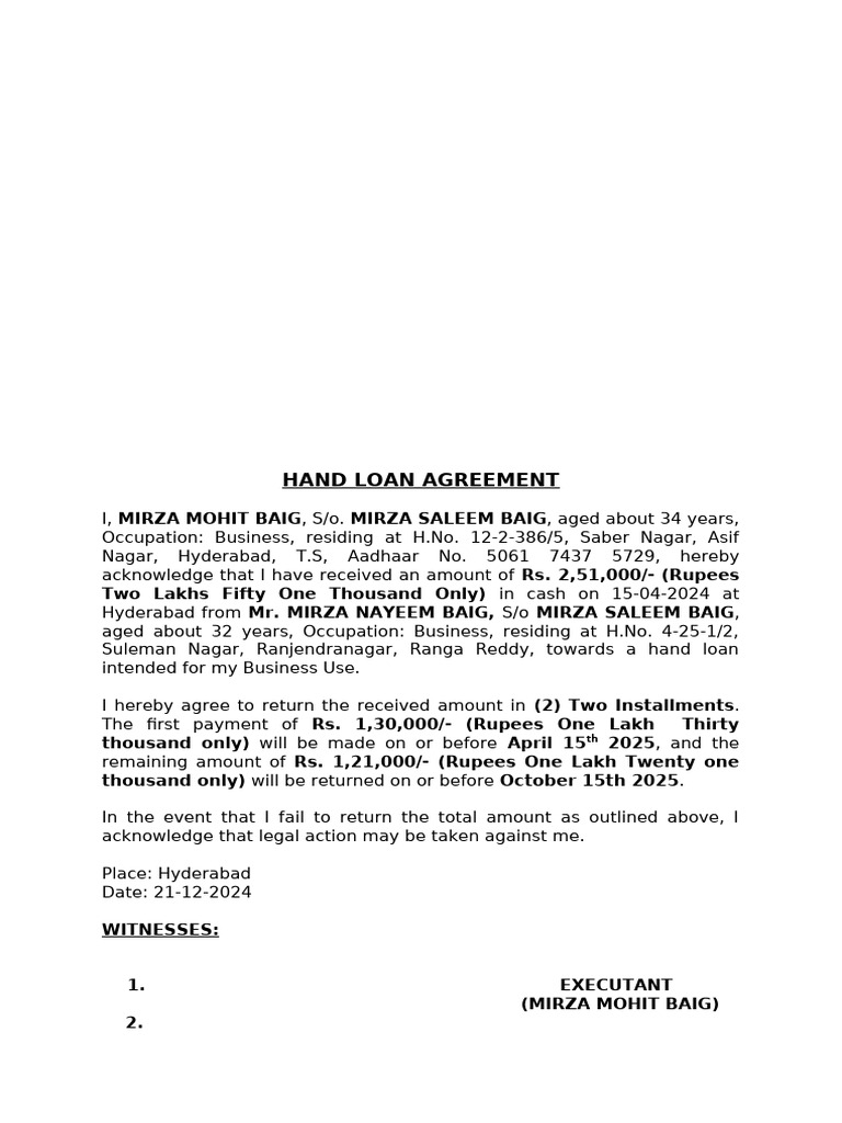 Hand Loan Agreement for Rs. 2.51 Lakhs | PDF
