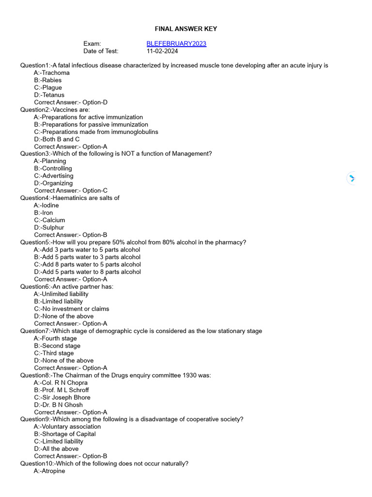 BLE February 2023 Exam Answer Key | PDF | Bicarbonate | Medical Specialties