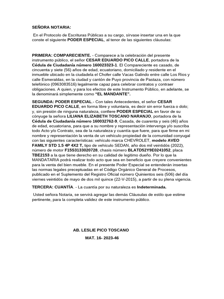 Minuta de Poder Notarial para Venta de Vehiculo Por Conyugue | PDF