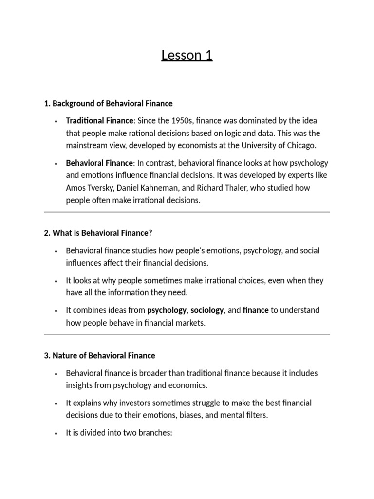 Lesson 1: 1. Background of Behavioral Finance Traditional Finance | PDF ...