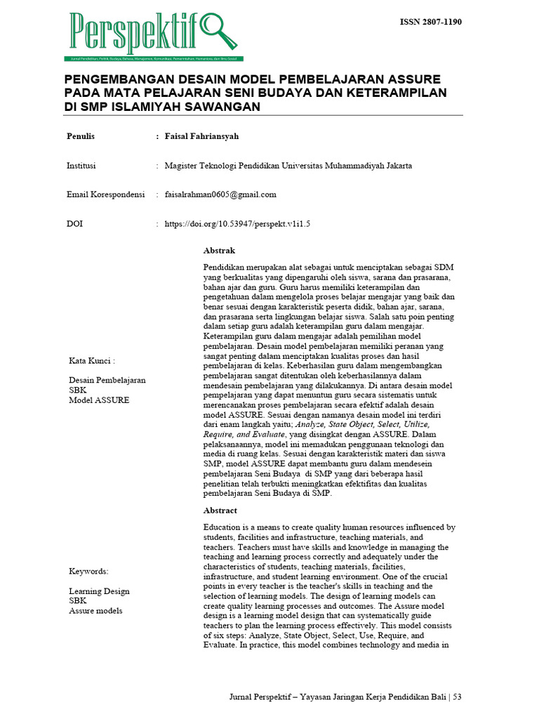 Pengembangan Desain Model Pembelajaran Assure Pada Mata Pelajaran Seni Budaya Dan Keterampilan ...