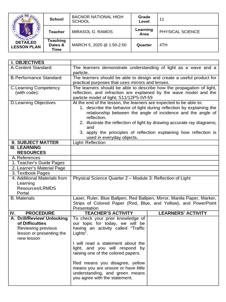 Detailed Lesson Plan - Reflection | PDF | Mirror | Reflection (Physics)