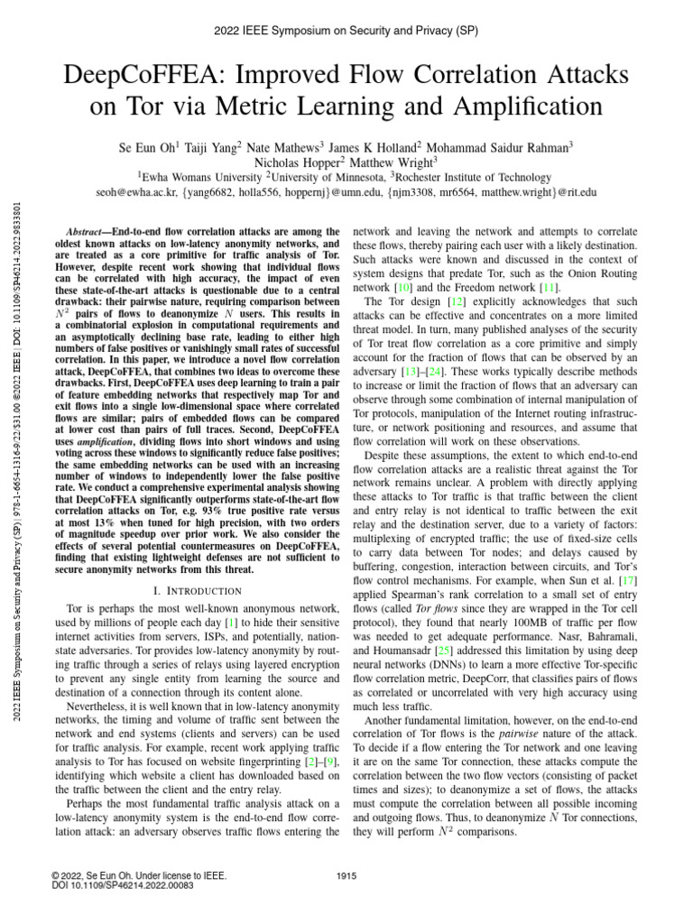 DeepCoFFEA Improved Flow Correlation Attacks On Tor Via Metric Learning and Amplification | PDF ...